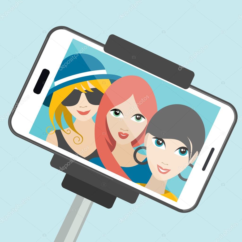 Tres chicas haciendo fotos de selfies de verano. Dibujos animados ...