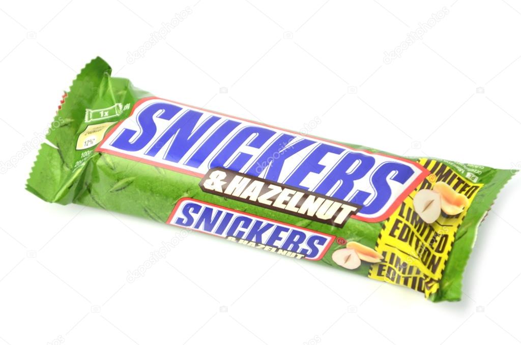 Snickers chocolate bar with hazelnut isolated on white background ...