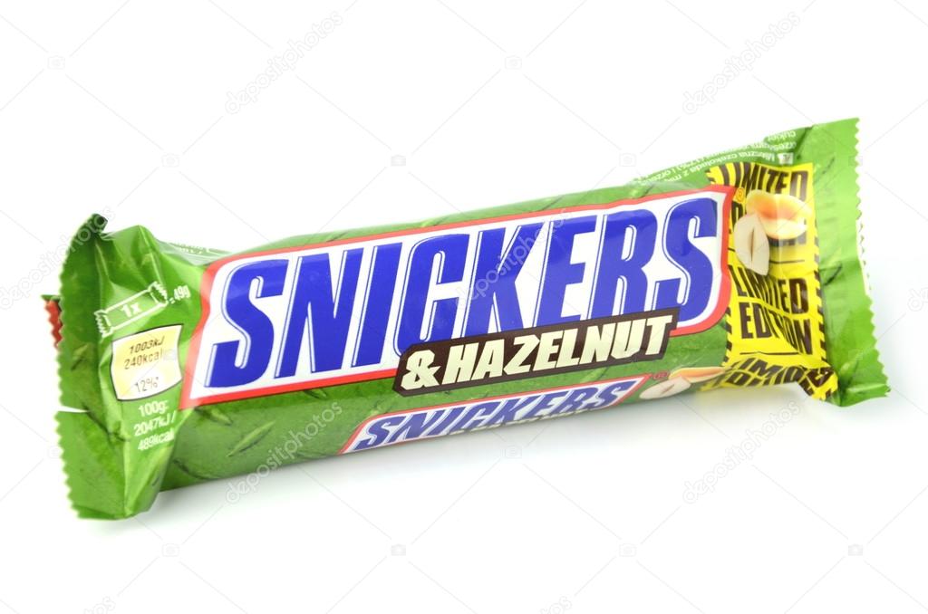 Snickers chocolate bar with hazelnut isolated on white background ...