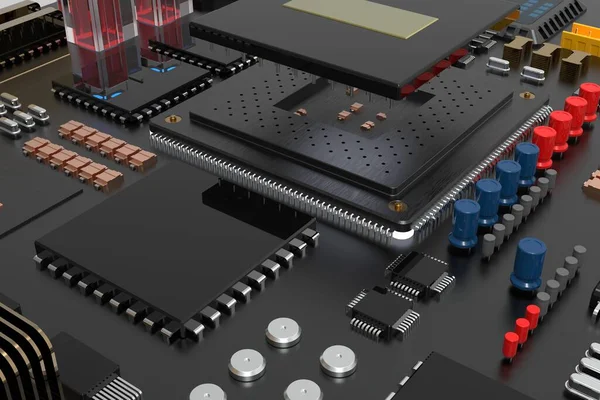 printed circuit board with microchips, processors and other computer ...