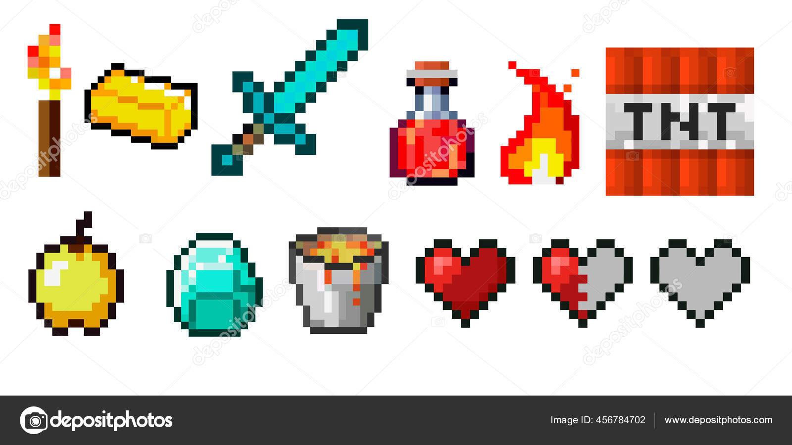 Set Vector Pixel Objects Potion Bottles Fire Flame Sword Torch Stock Vector Image by ©poppystyle ...