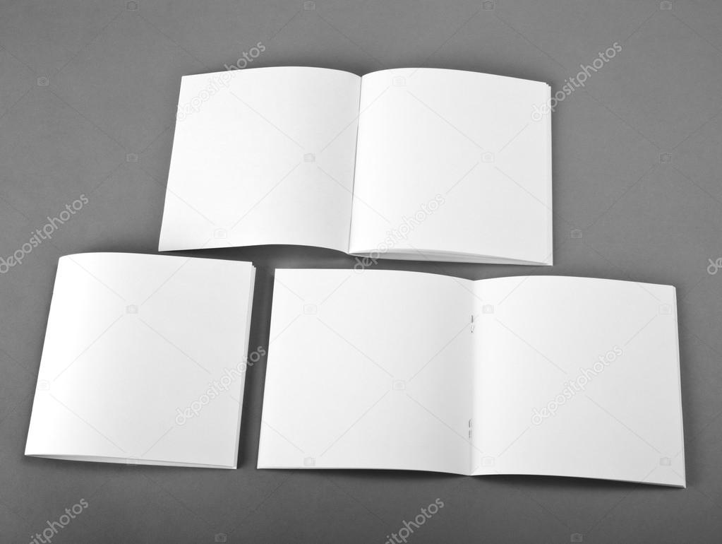 Blank opened magazine isolated on grey background with soft shadows ...