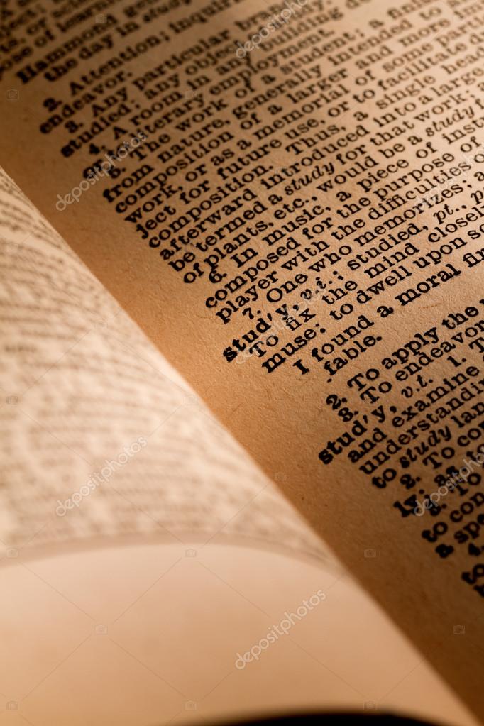 Close-up of an Opened Dictionary showing the Word Study — Stock Photo ...