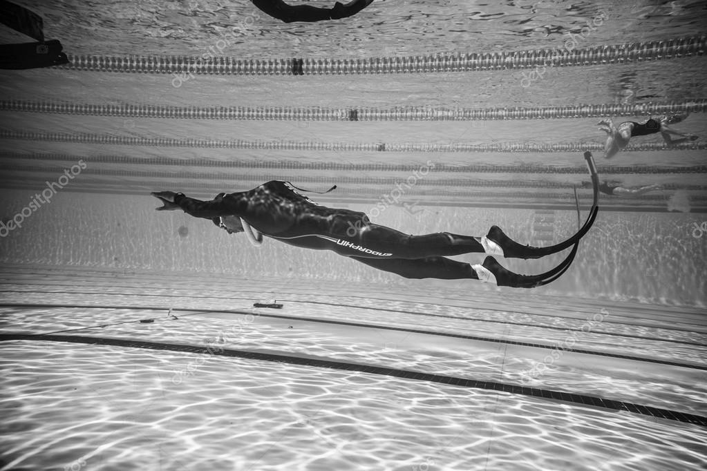 Dynamic with Fins Freediver Performance from Underwater — Stock ...