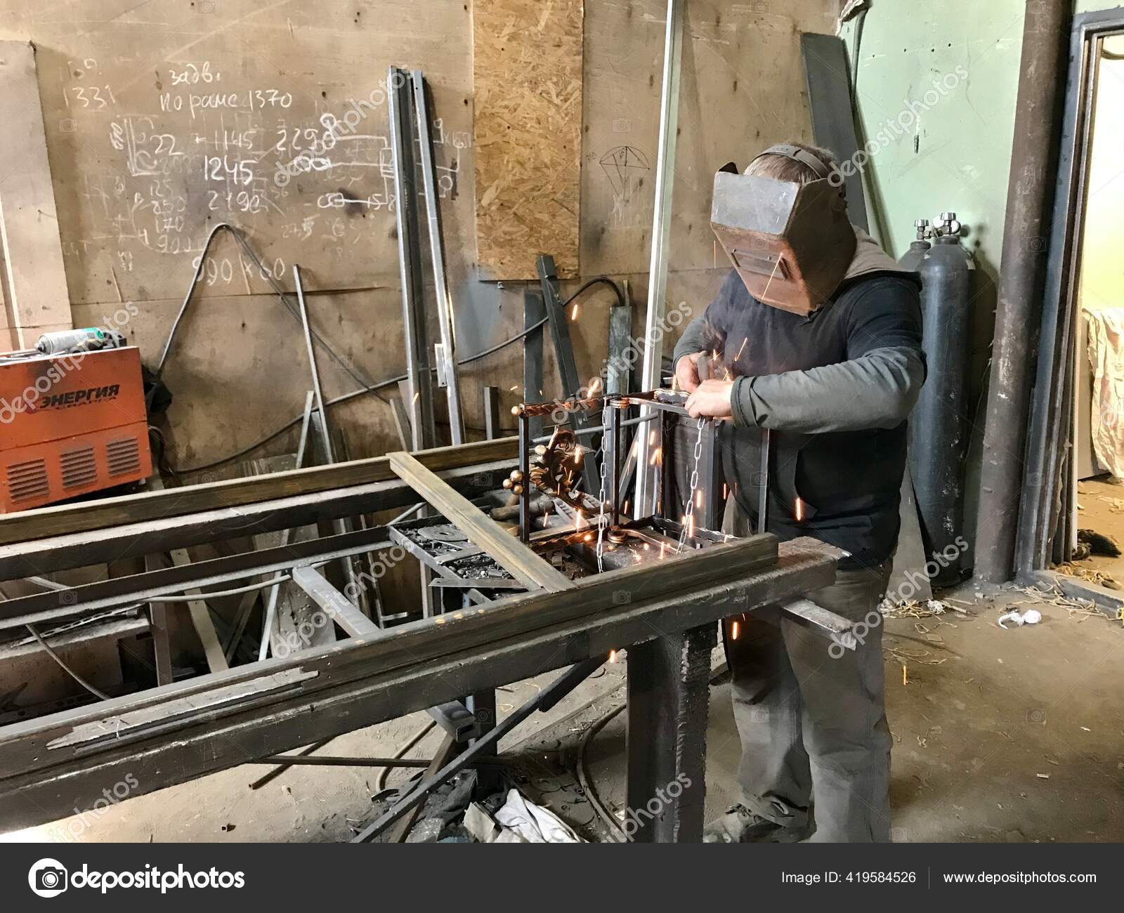 Welder Working Welding Metal Protective Mask Sparks Metal Worker Welds ...