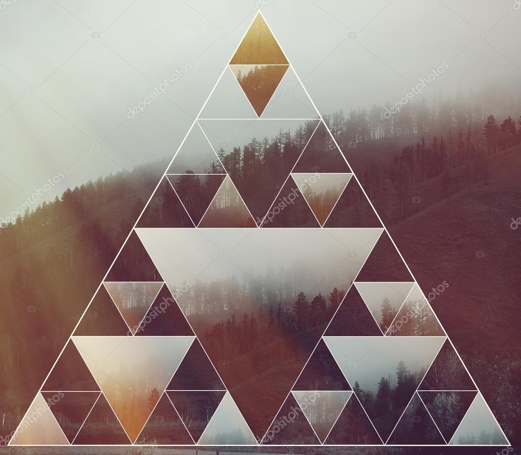 Collage with the landscape and the sacred geometry symbol triangle ...