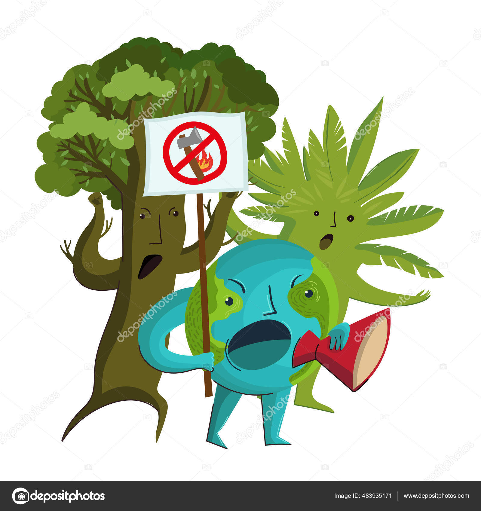 Vector Cartoon Characters Planet Earth Trees Who Protest Deforestation ...