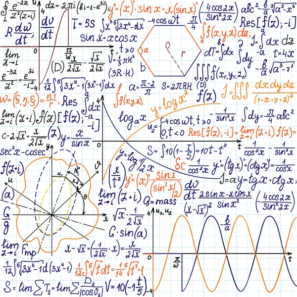 Mathematical vector seamless pattern with formulas and figures, "handwritten on the copybook ...