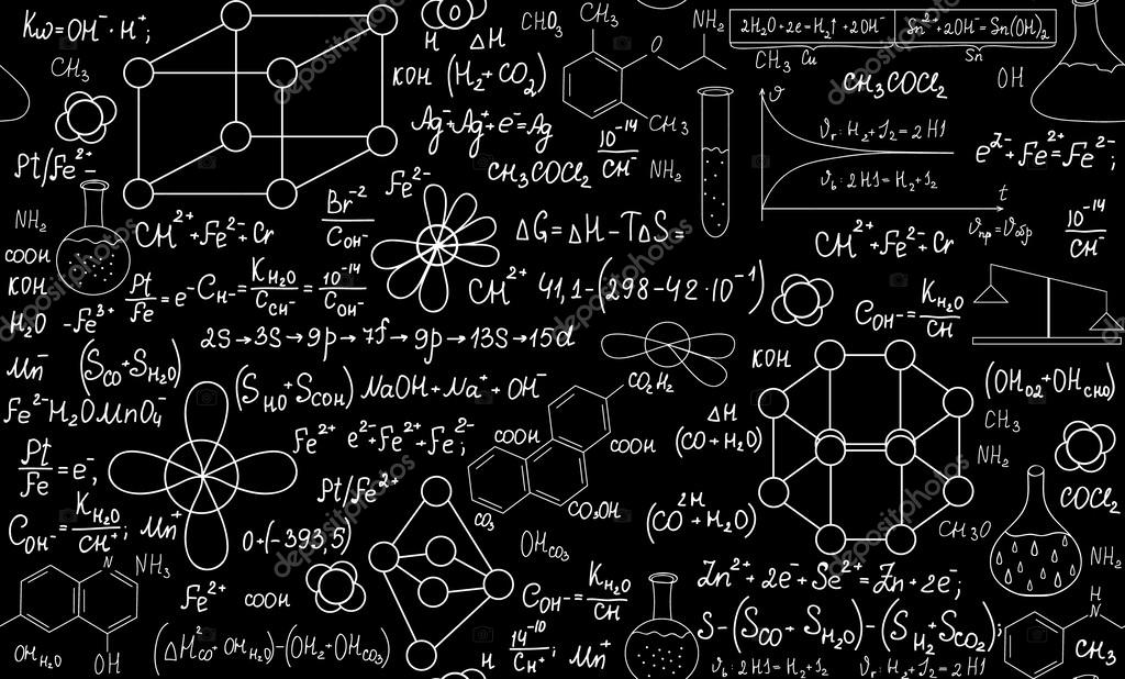 Chemistry Vector Seamless Pattern With Plots Formulas And Laboratory Equipment — Stock Vector