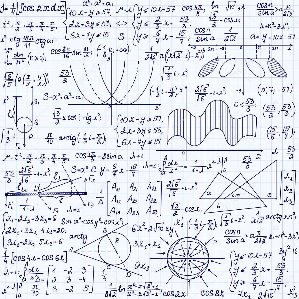 Mathematical vector seamless pattern with formulas, plots, task ...