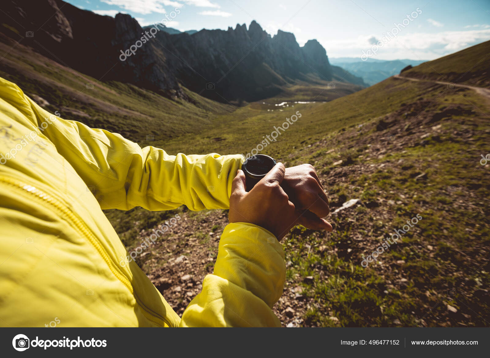 Woman High Altitude Mountain Top Checking Altimeter Sports Watch ...