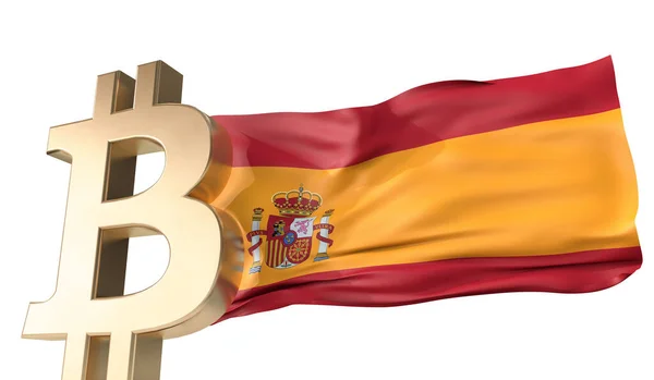 Bitcoin oro criptomoneda con una bandera ondeando España. Renderizado ...