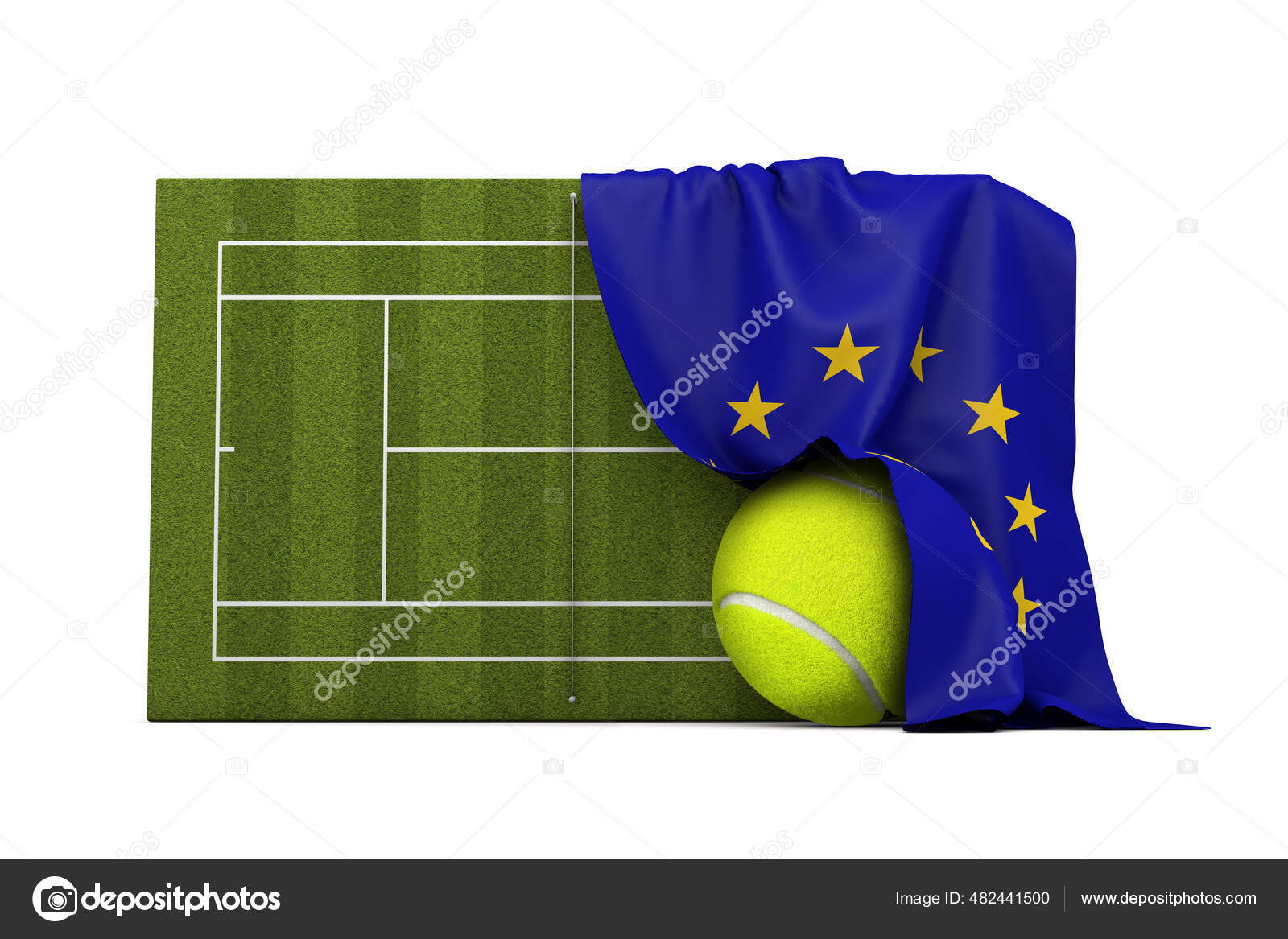 European Union flag draped over a grass tennis court and ball. 3D ...