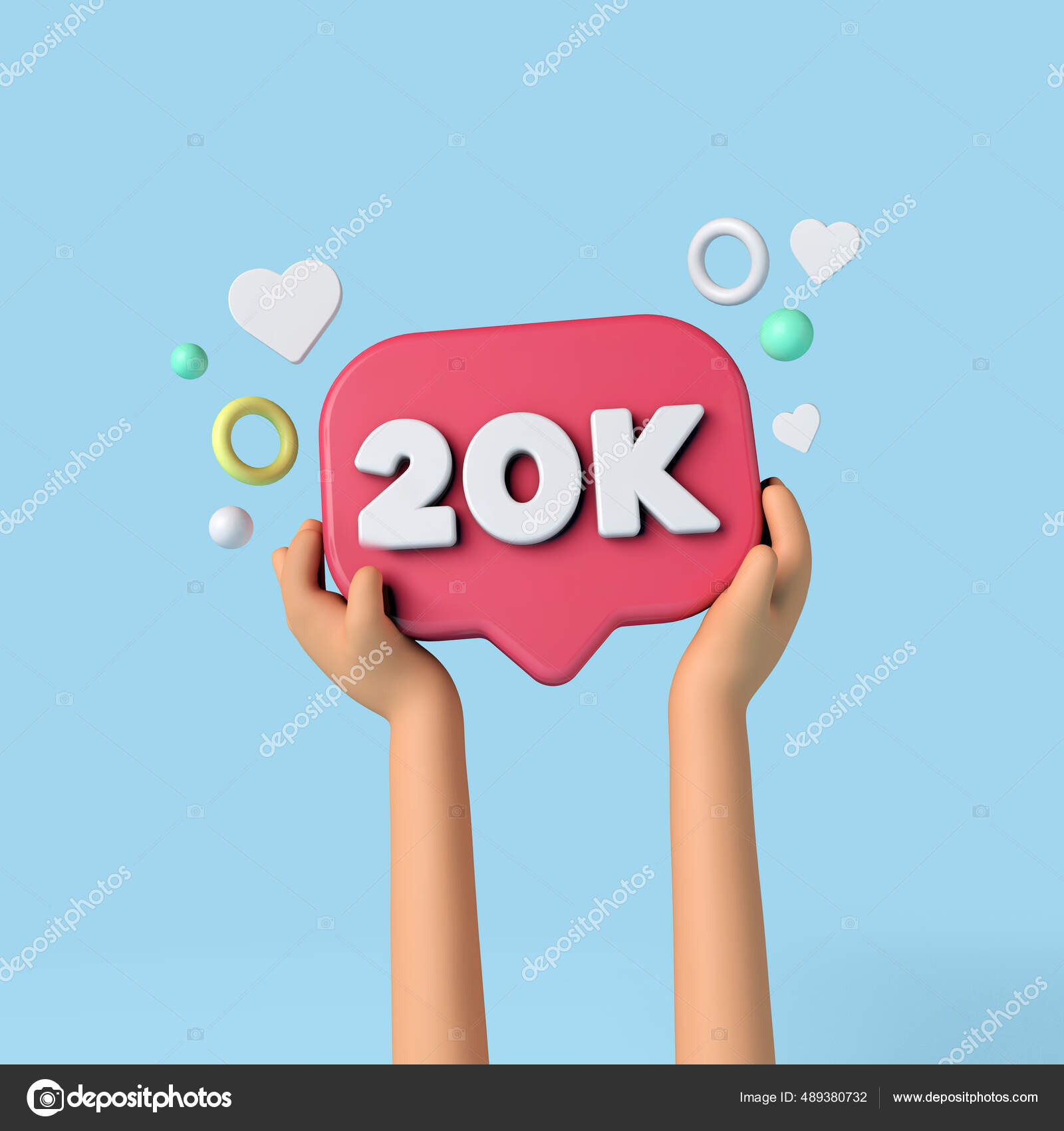 20k social media subscribers sign held by an influencer. 3D Rendering ...