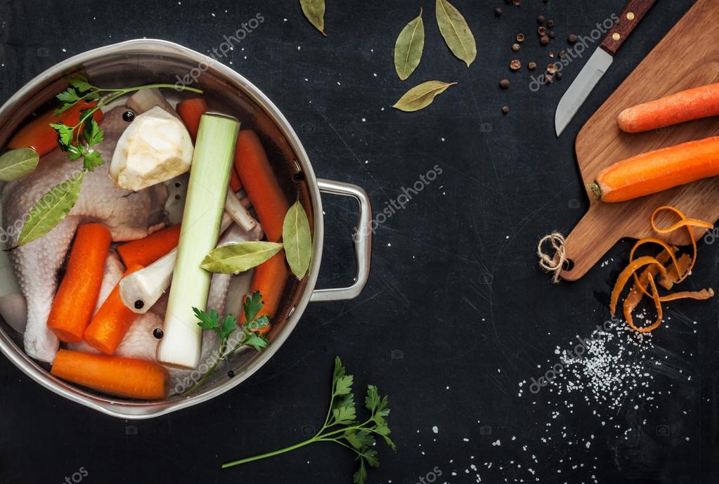 Preparing chicken stock with vegetables in a pot — Stock Photo ...