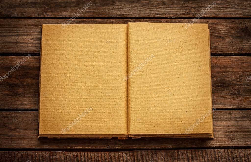 Old blank open book on vintage planked wood table from above — Stock ...