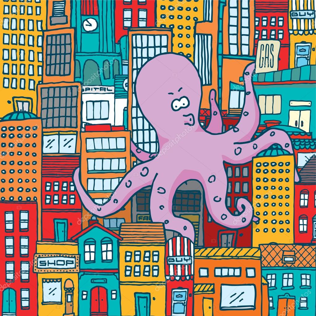Giant octopus attack and take over a colorful city Stock Vector Image ...