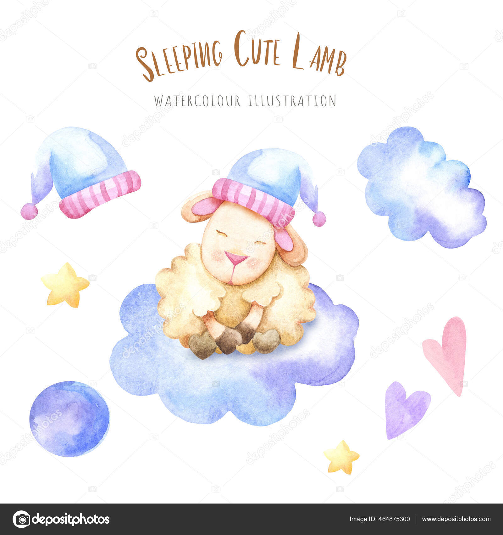 Hand Drawing Watercolor Sleeping Lambs Cloud Stock Illustration by ...