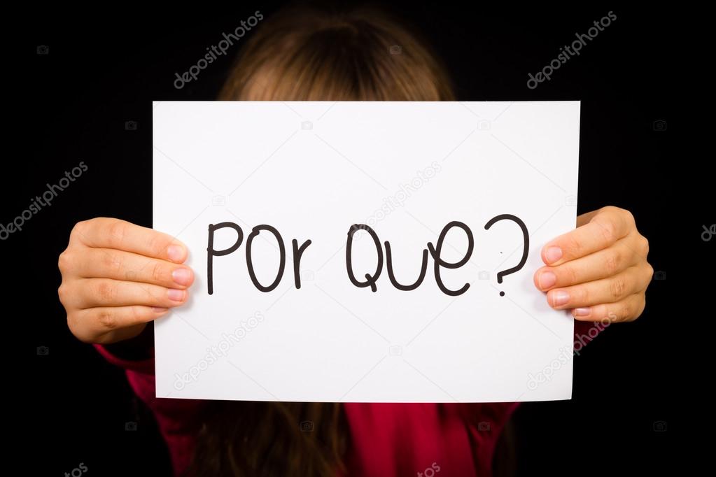 Child holding sign with Portuguese word Por Que - Why — Stock Photo ...