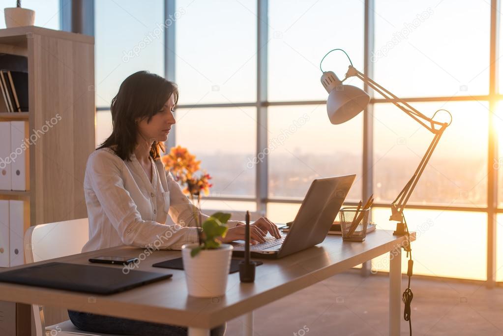 Female employee typing at workplace using computer. — Stock Photo ...