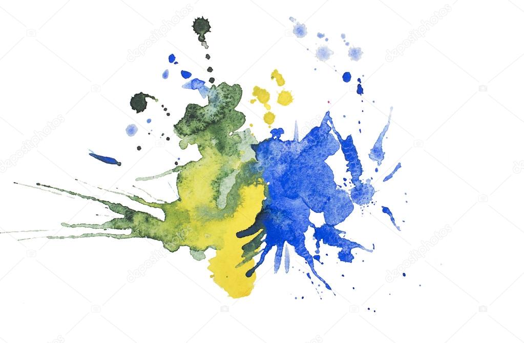 Abstract watercolor aquarelle hand drawn blot colorful yellow blue ...