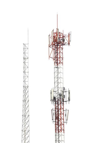 Telecommunications antenna tower for mobile phone isolated on white ...