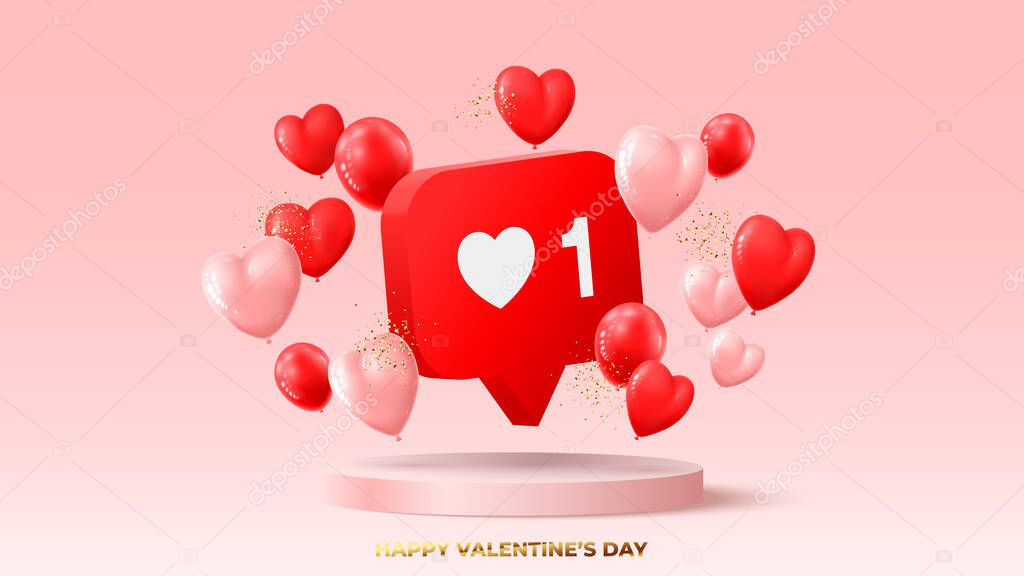 Feliz d a de San Valent n. Como s mbolo, globos rojos realistas y confeti dorado en el podio ...