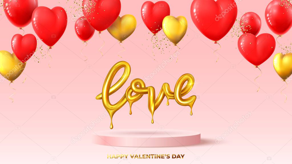 Feliz d a de San Valent n. Oro realista goteando palabra amor, globos rojos y dorados y confeti ...