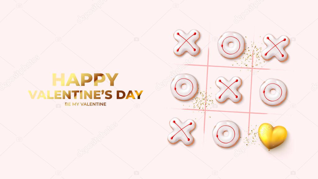 Feliz San Valent n. Fondo de vacaciones con galletas XO realistas, coraz n dorado y confeti ...