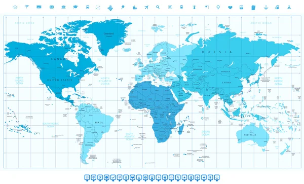 Detailed World Map in colors of blue and 3D square pin icons — Stock ...