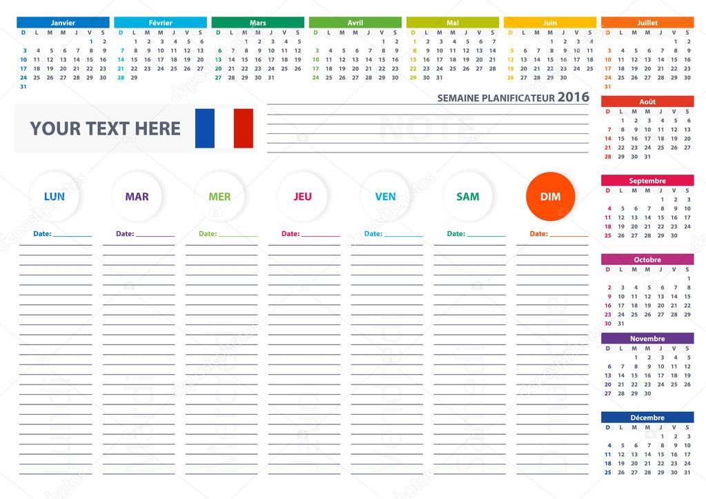 2016 French Week Planner Calendar Vector Design Template Stock Vector ...
