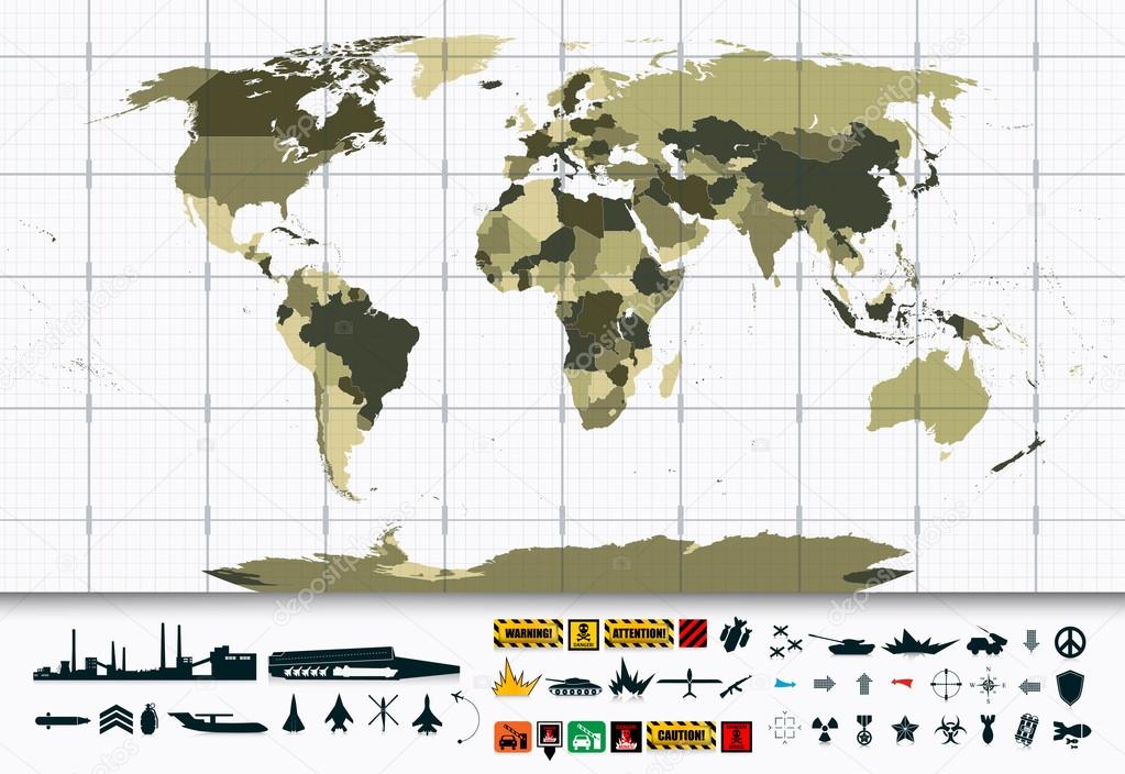 Mapa del mundo detallado y conjunto de iconos de poder militar 2022