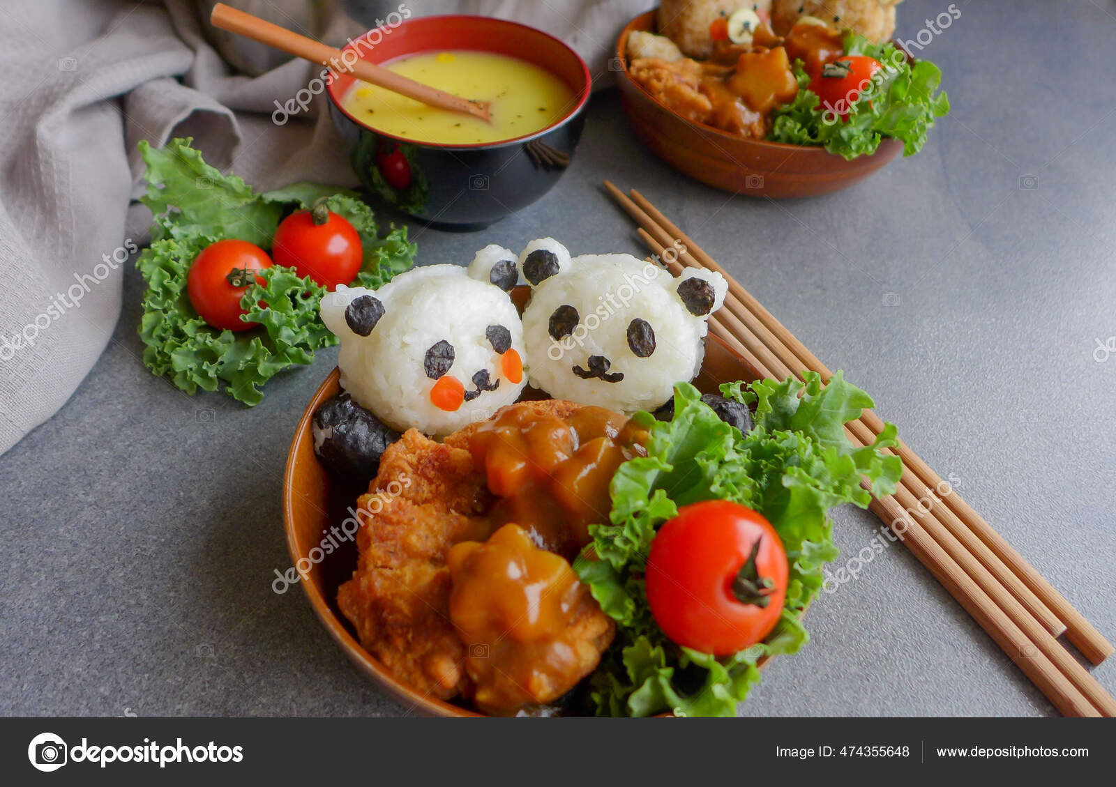 Onigiri Forms Panda Bears Japanese Curry Katsu Bowls Tomatoes Soup ...