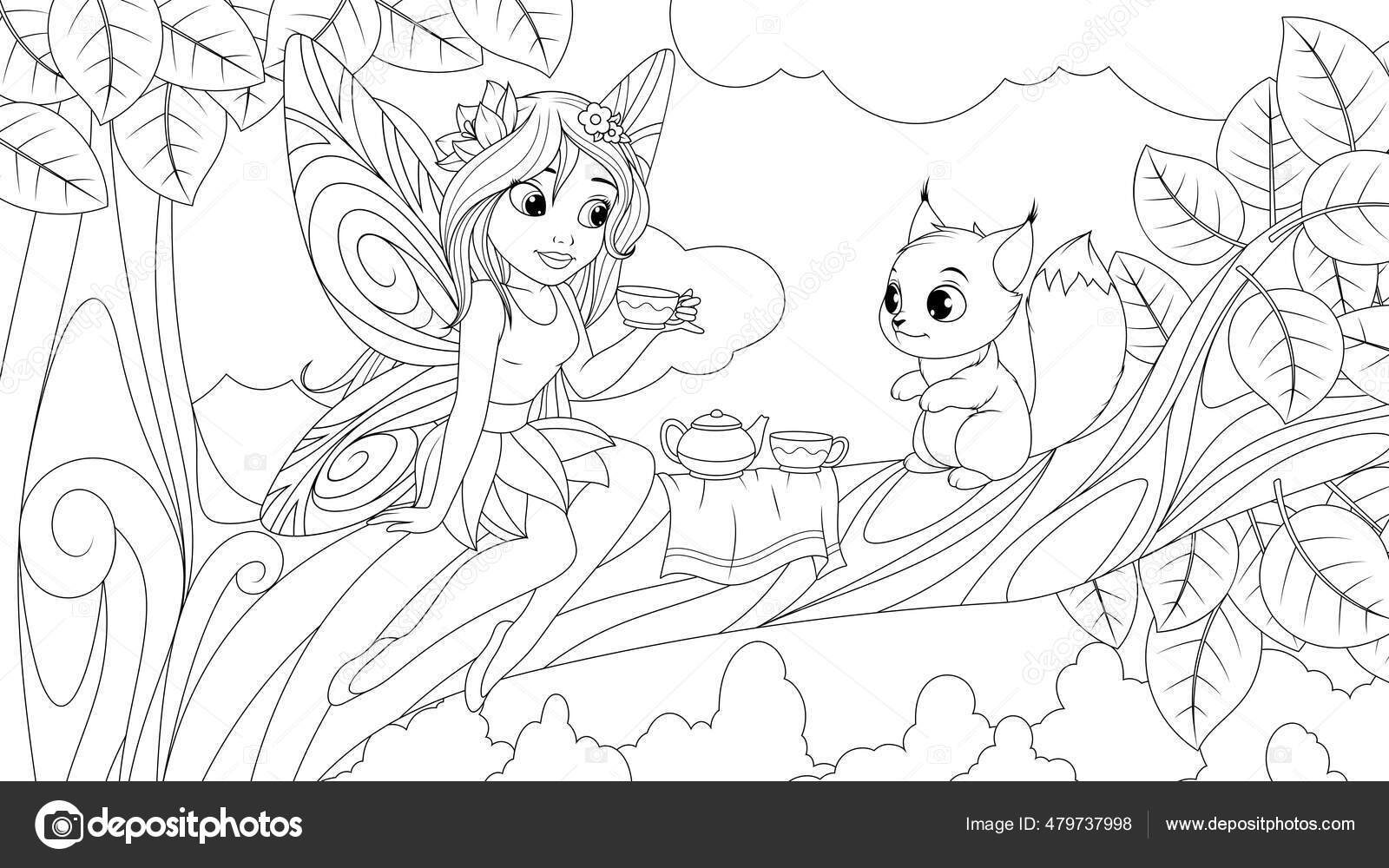 Vector illustration, a cute fairy sits on a tree and treats a baby ...
