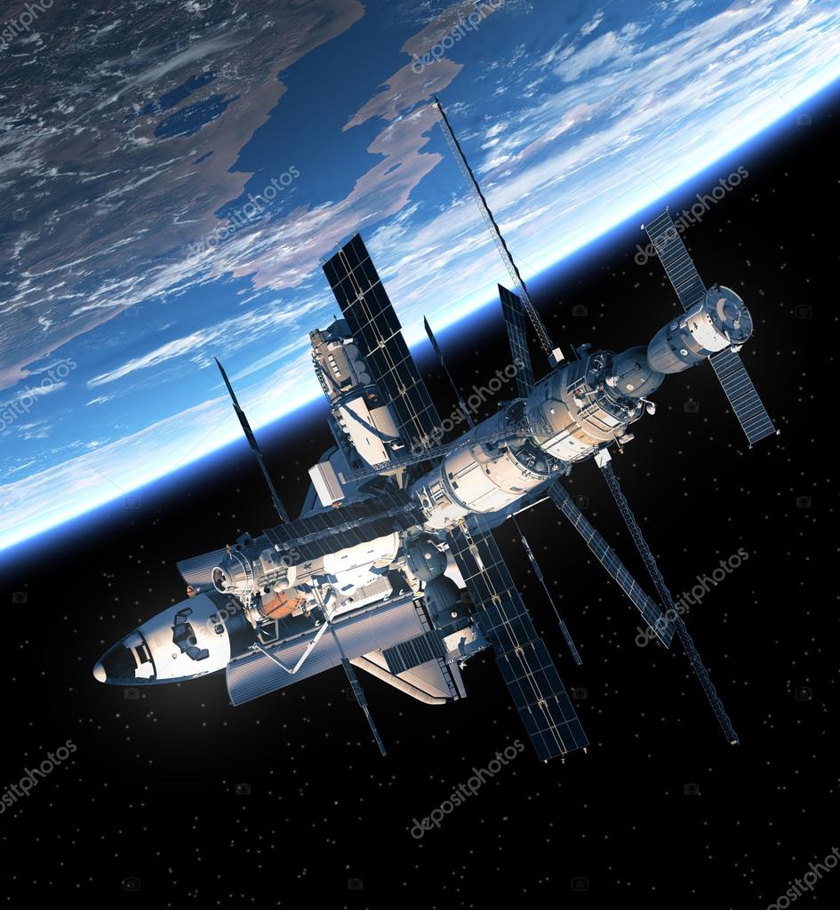 Space Shuttle And Space Station Orbiting Earth — Stock Photo ...