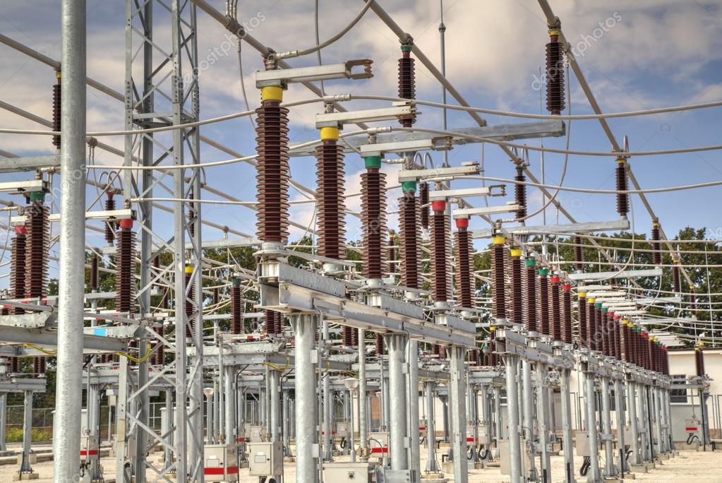 High voltage switchyard in electrical substation Stock Photo by ...