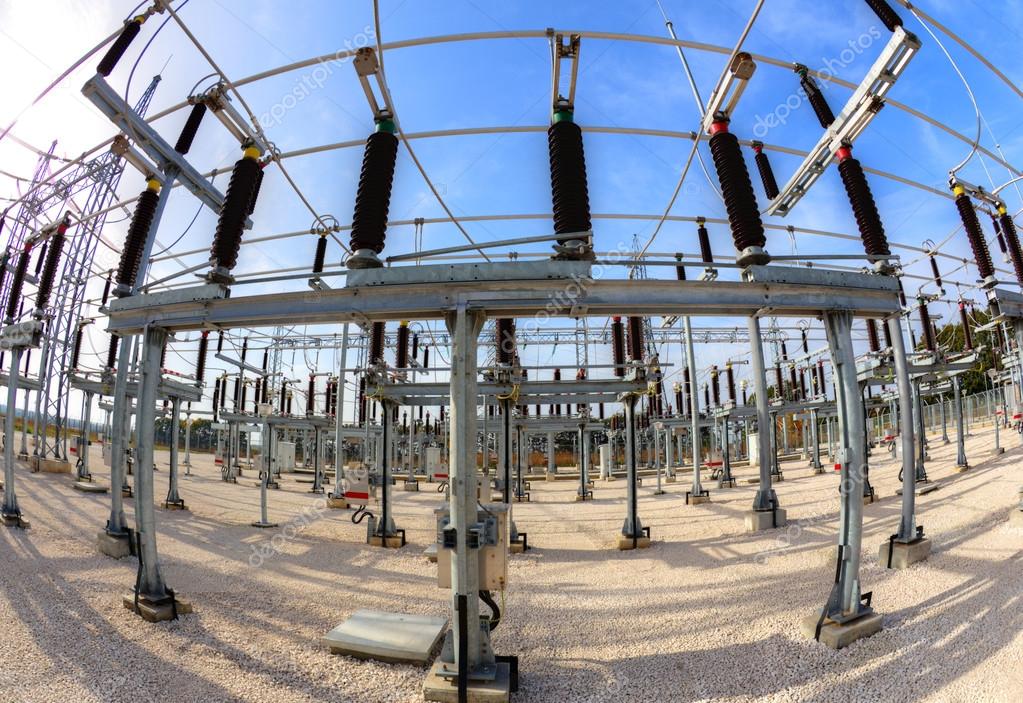 High voltage switchyard in electrical substation Stock Photo by ...