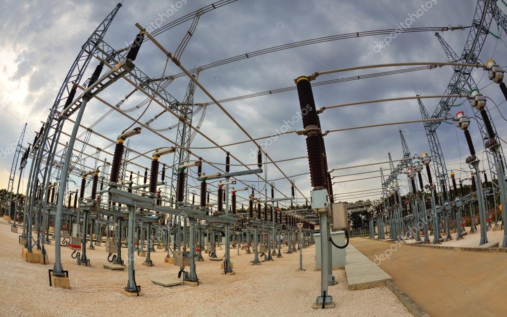High voltage switchyard in electrical substation Stock Photo by ...