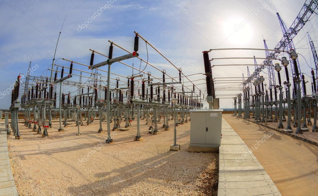 High voltage switchyard in electrical substation Stock Photo by ...