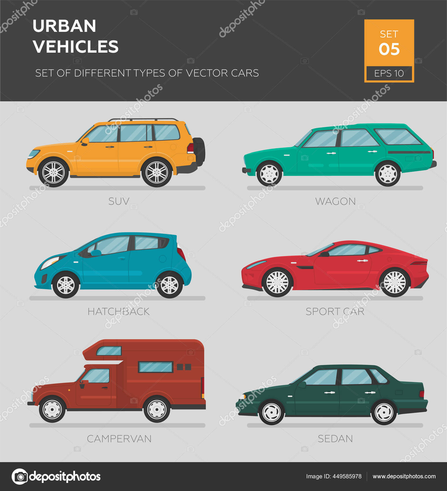 Image vectorielle Véhicules Urbains Ensemble Différents Types Voitures ...