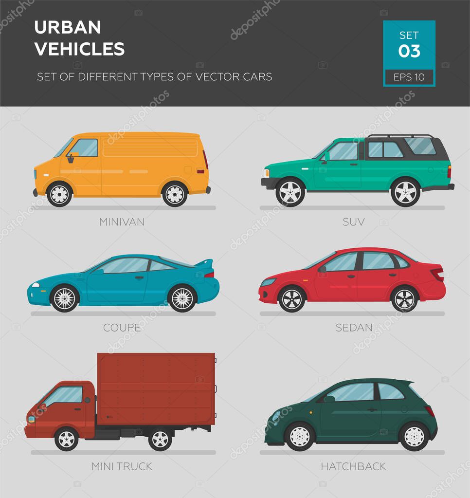 Vehículos urbanos. Conjunto de diferentes tipos de coches de vectores ...