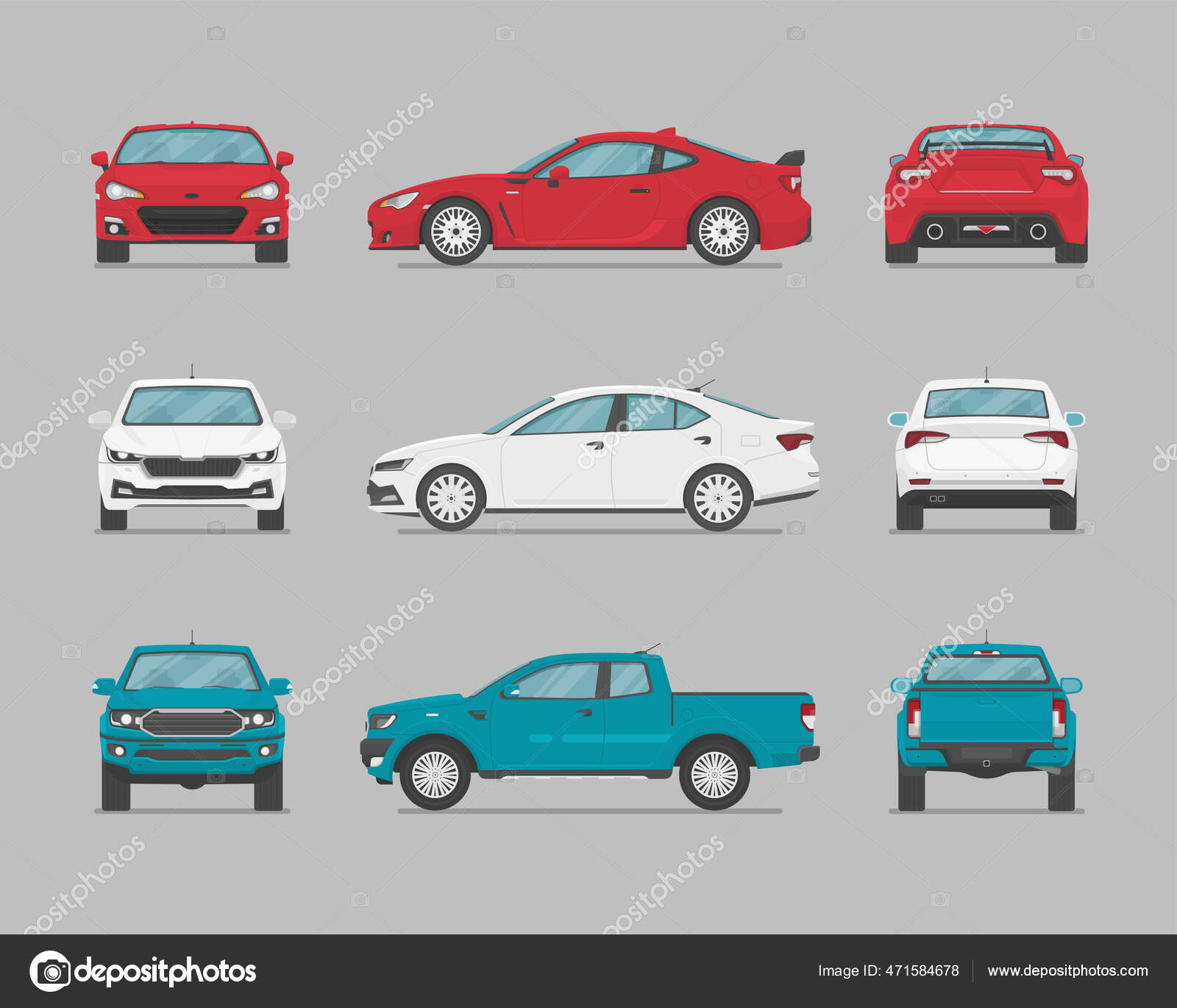 Auta Různých Stran Boční Pohled Pohled Zepředu Pohled Zezadu Kreslené ...