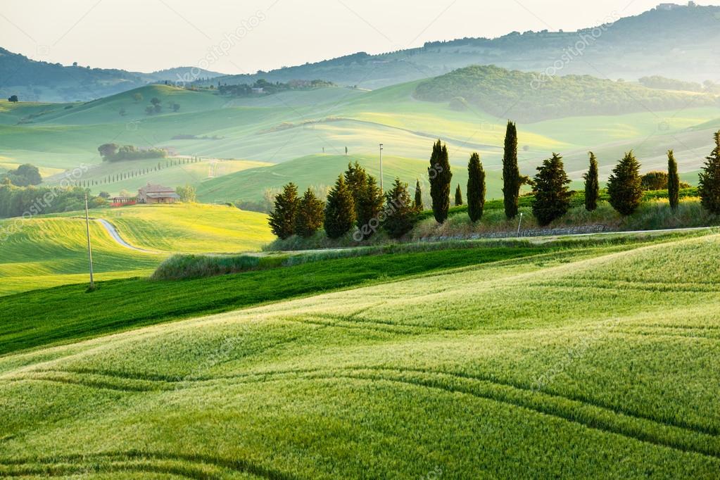 Sunset over a spring landscape of Tuscany fields, Italy – Stock ...