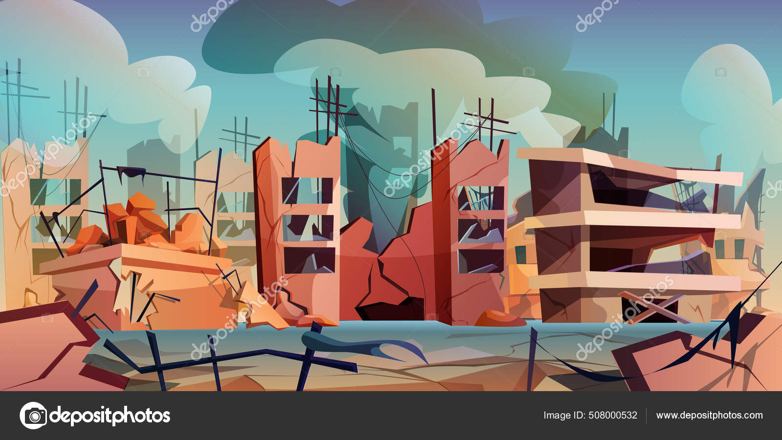 Destroyed city after war or natural disaster in cartoon style Stock ...