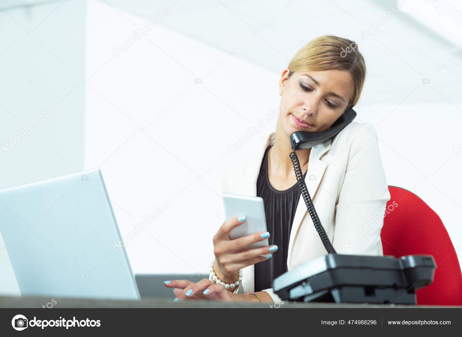 Businesswoman Multitasking Her Desk Office While Taking Phone Call ...