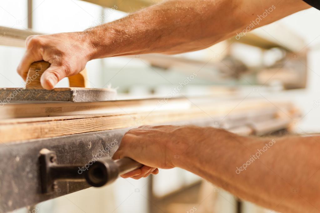 Wood smoothing with belt sander — Stock Photo © Giulio_Fornasar #75803615