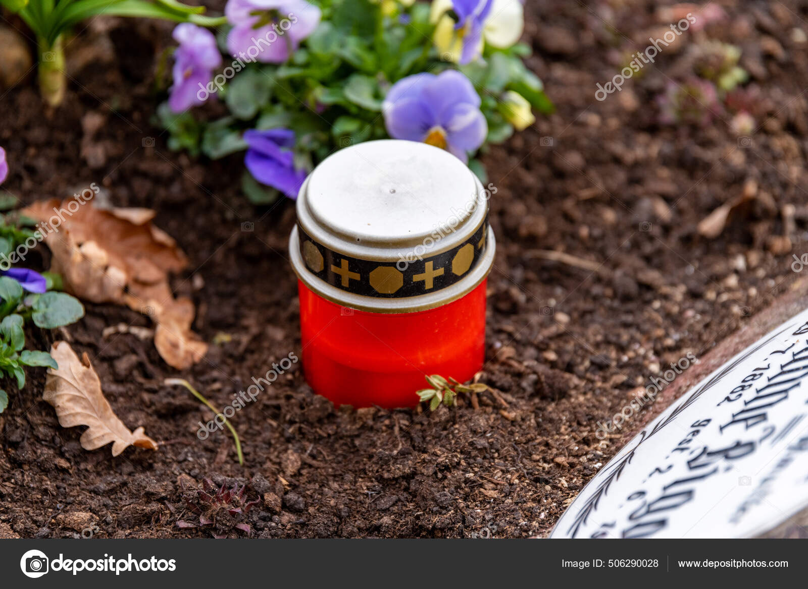 Red Candle Shaped Mourning Light Ground Flowers Red Glass Lid — Stock ...