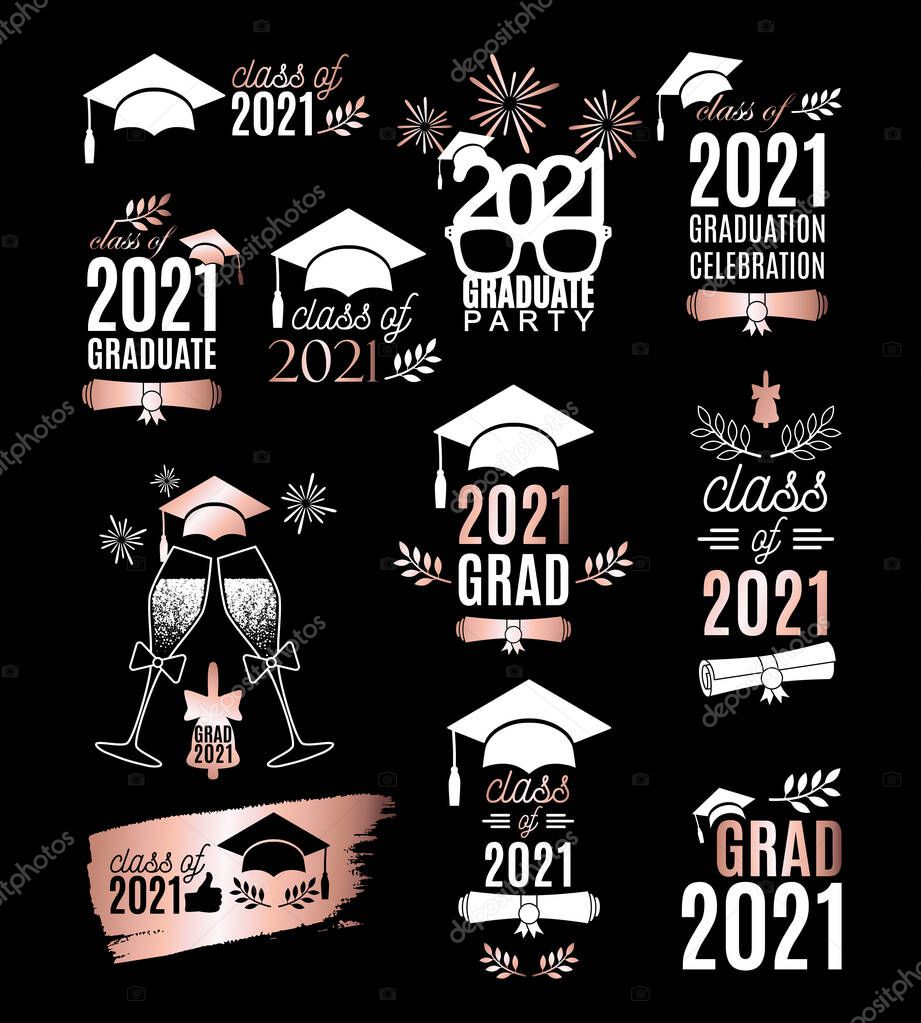 Clase de diseño 2021 etiquetas graduadas conjunto con elementos de oro ...