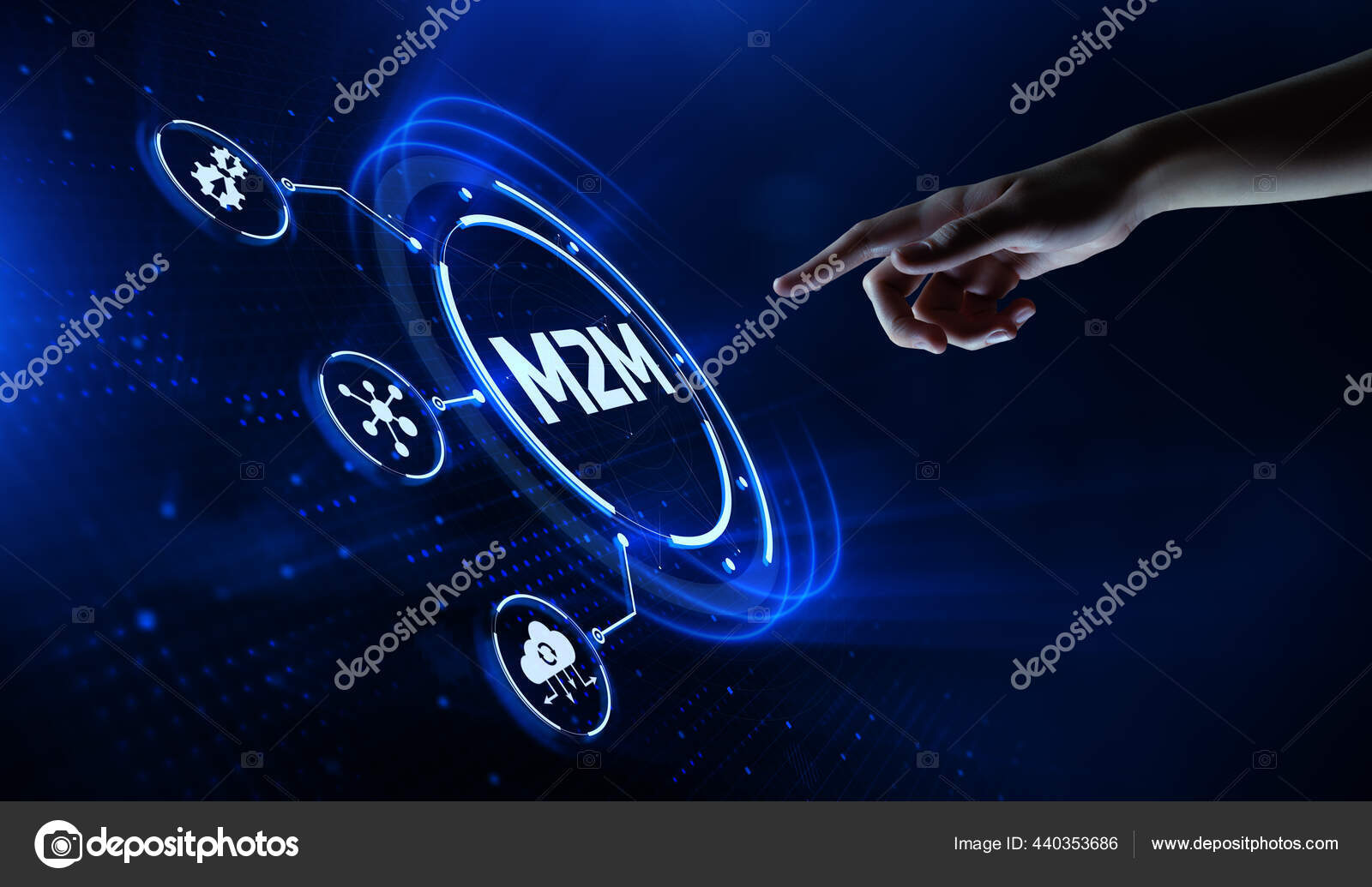 M2M Machine-to-machine technology concept. Hand Pressing button on ...