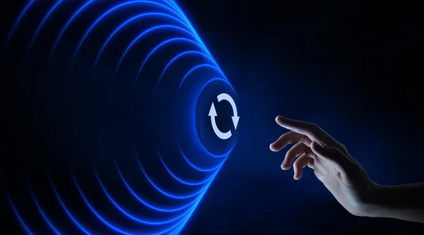 Update system software new version upgrade download. Hand pressing button on screen. - Stock ...